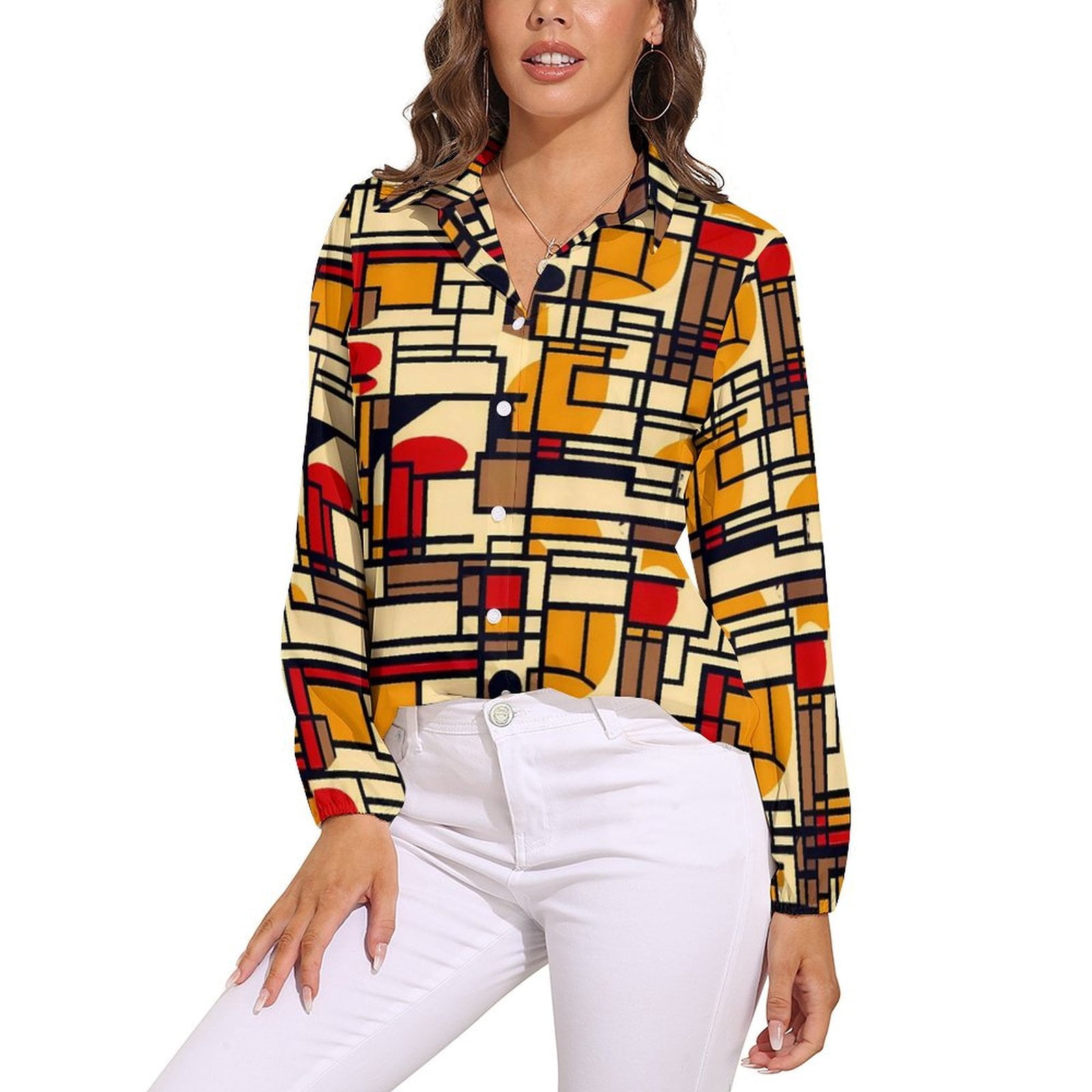 Color Vintage Geometric Blouse Abstract Art Office Design Blouses Women ...