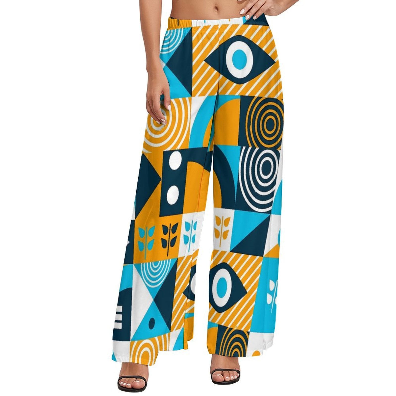 Color Vintage Geometric Pants Elastic Waist Abstract Art Casual ...