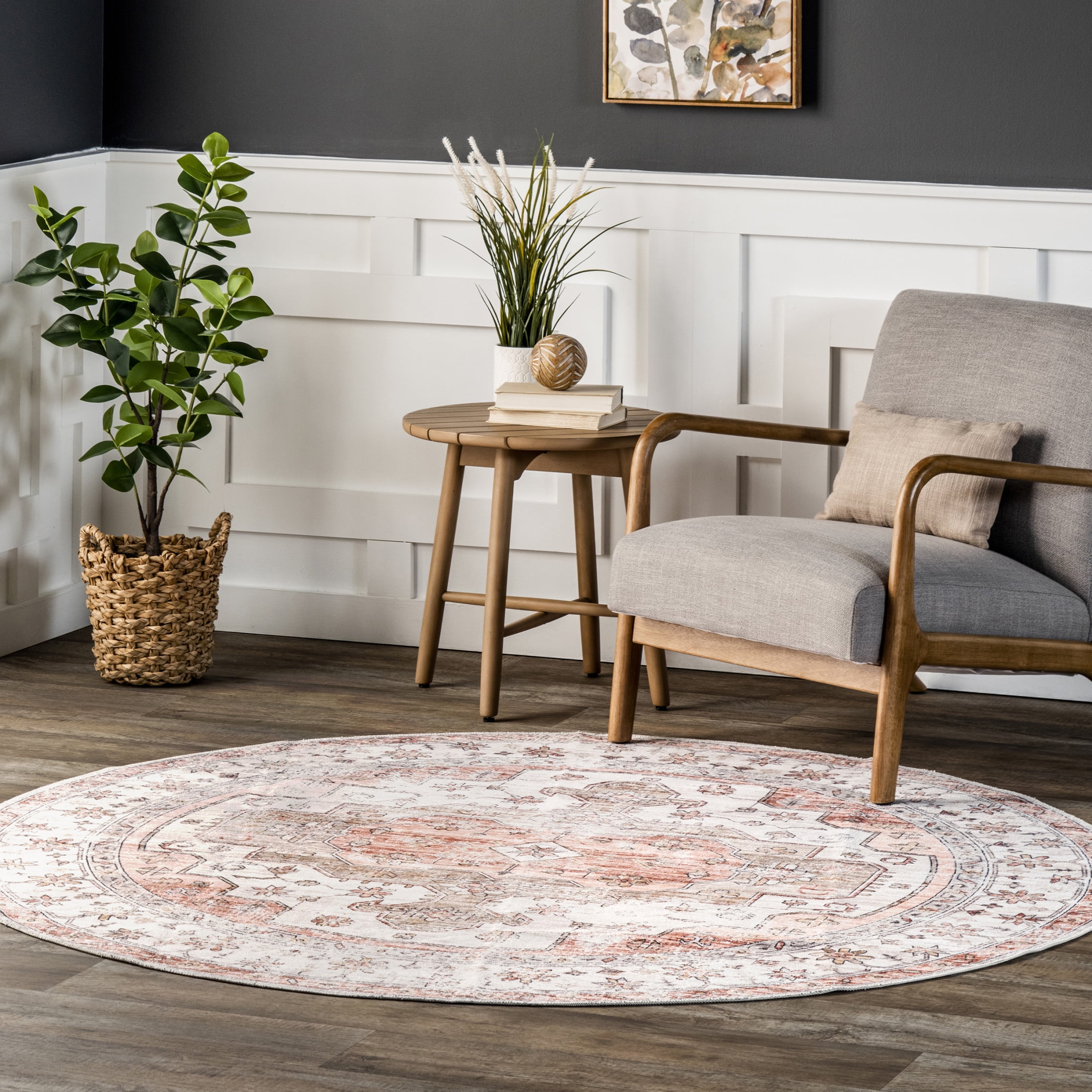 nuLOOM Banks SpinClean Vintage Machine Washable Area Rug, 6', Round ...