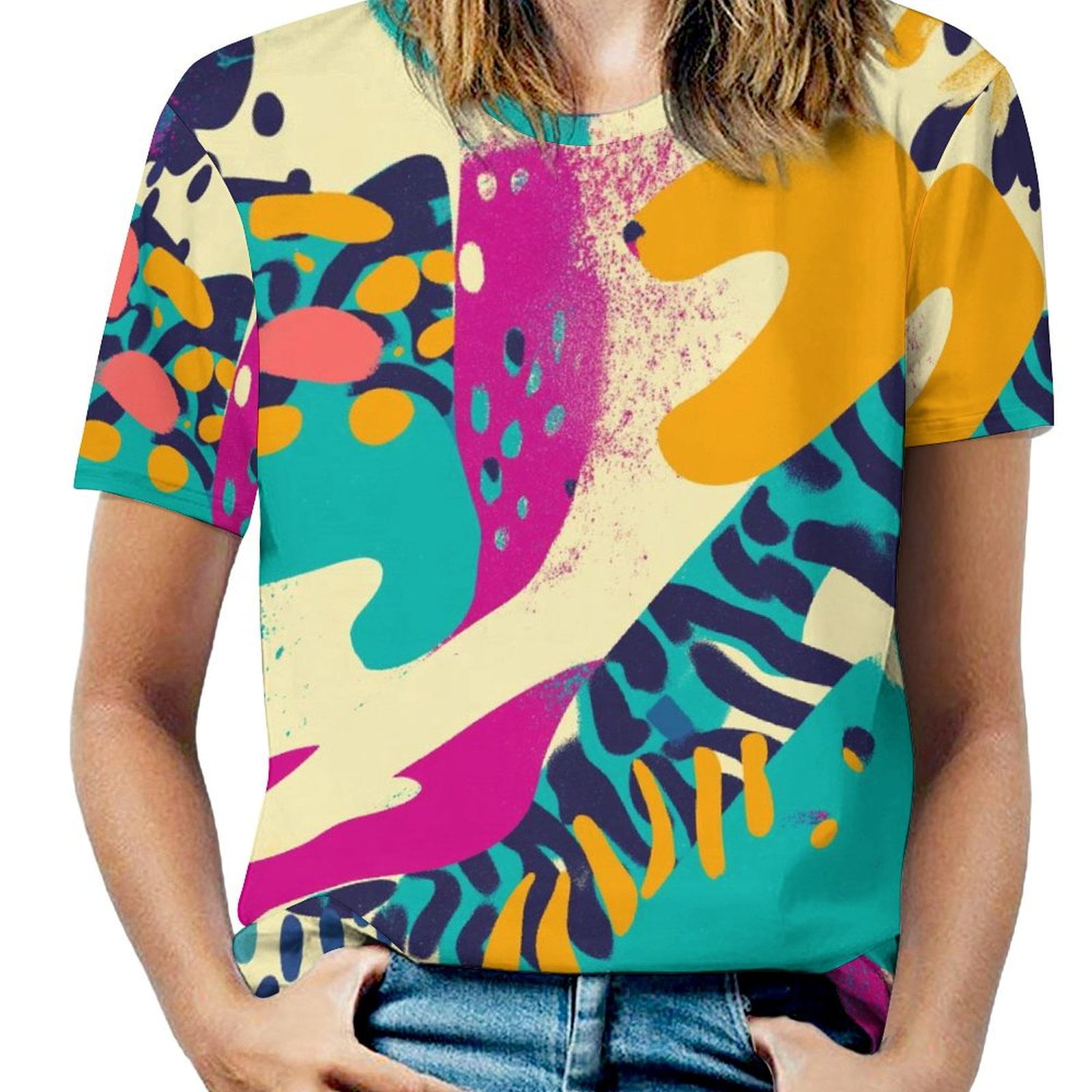 Color Wave Point Geometry Womens Casual Crew Neck Short Sleeve Pleated ...