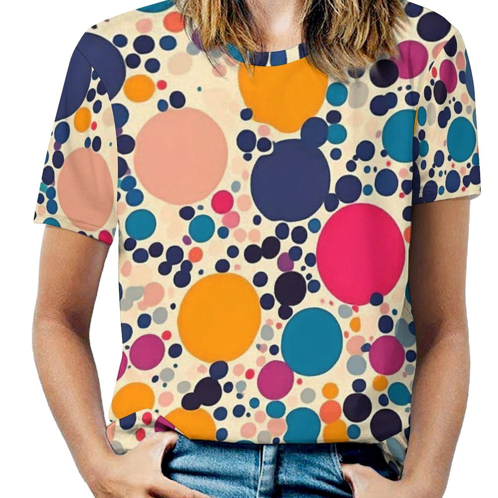 Color Wave Point Geometry Womens Casual Crew Neck Short Sleeve Pleated ...