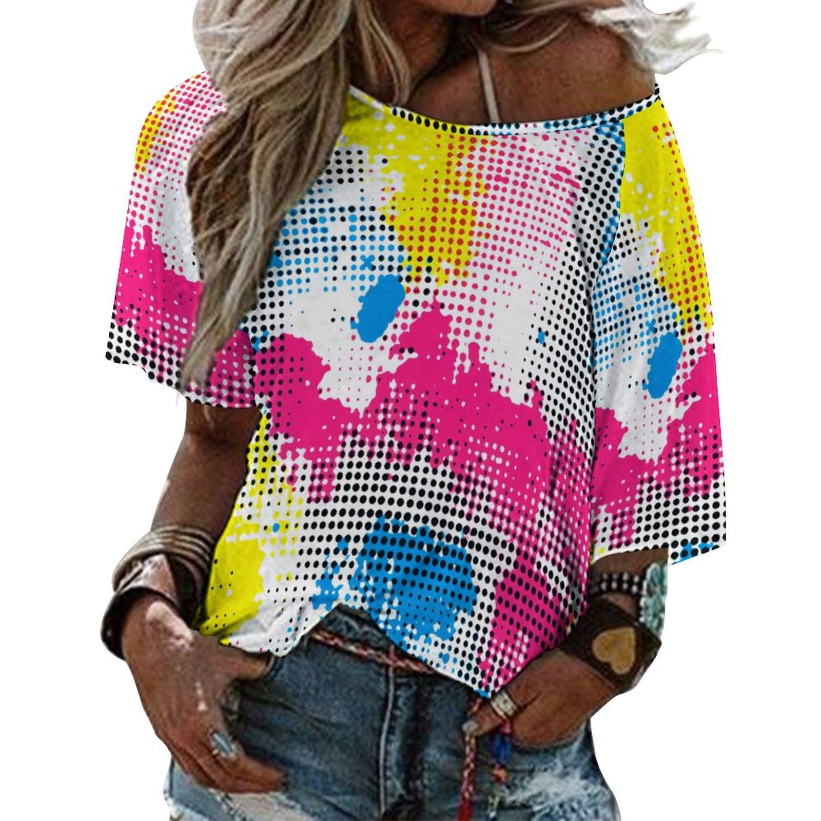 Color Wave Point Geometry Womens Casual Crew Neck Short Sleeve Pleated ...