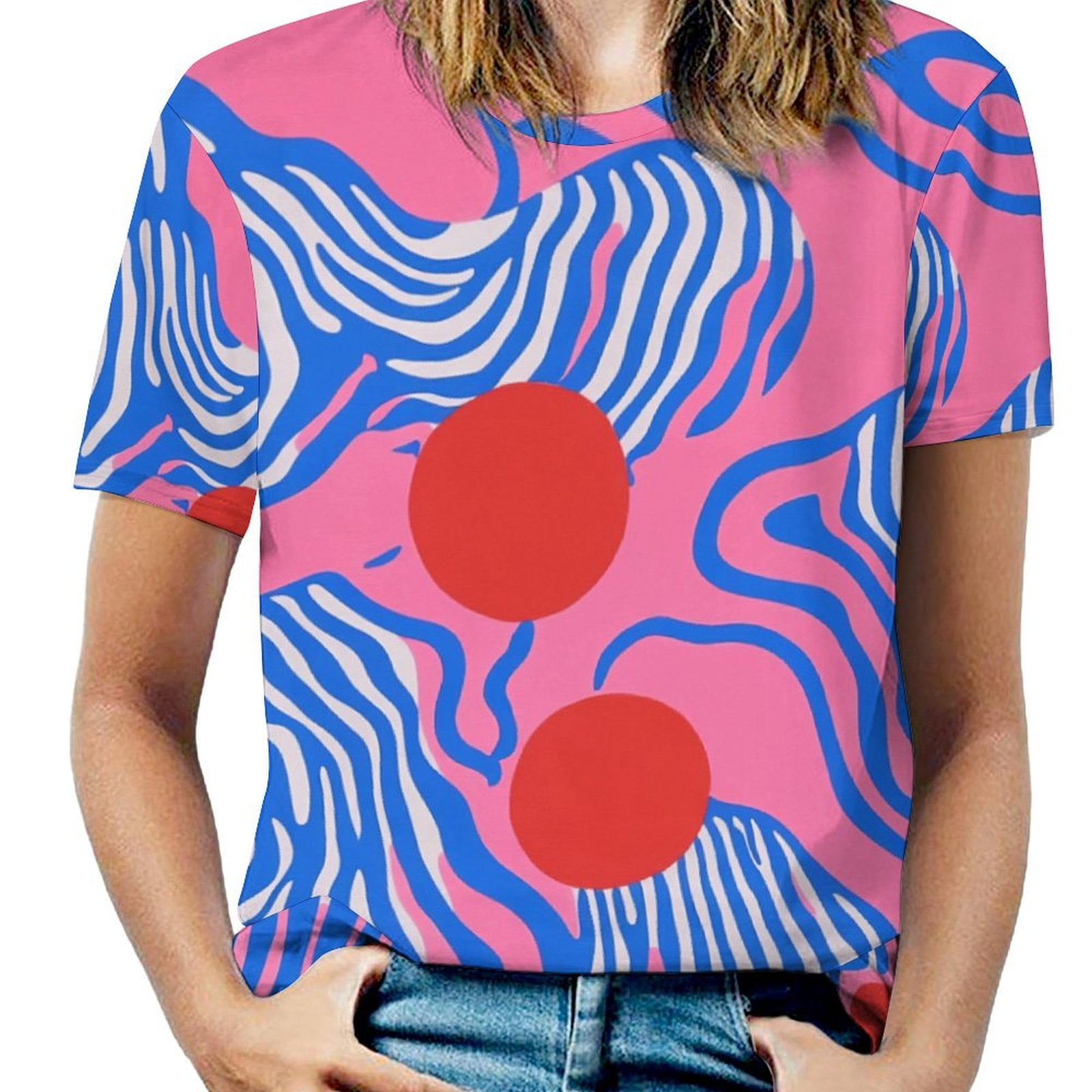 Color Wave Point Geometry Womens Casual Crew Neck Short Sleeve Pleated ...