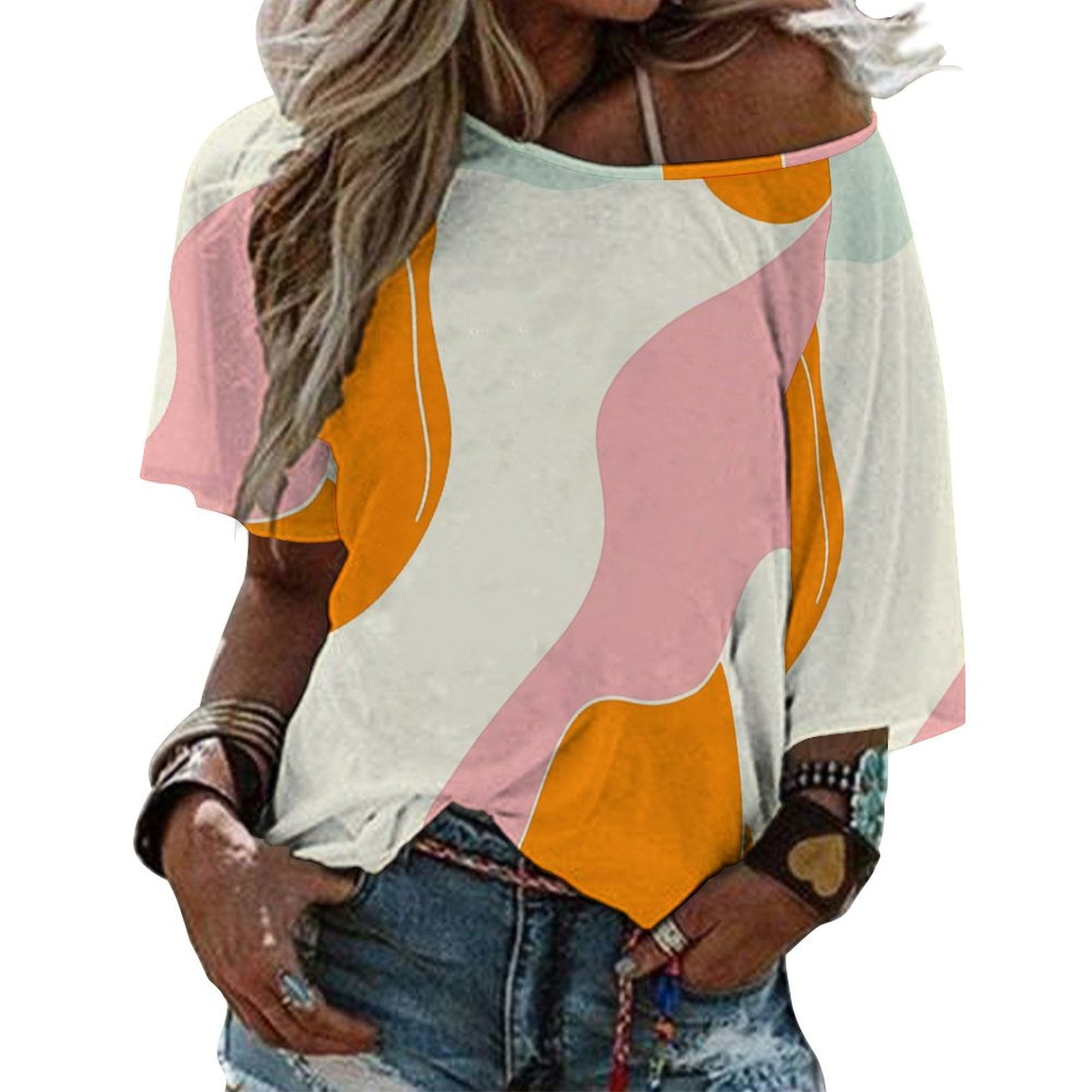 Color Wave Point Geometry Womens Casual Crew Neck Short Sleeve Pleated ...