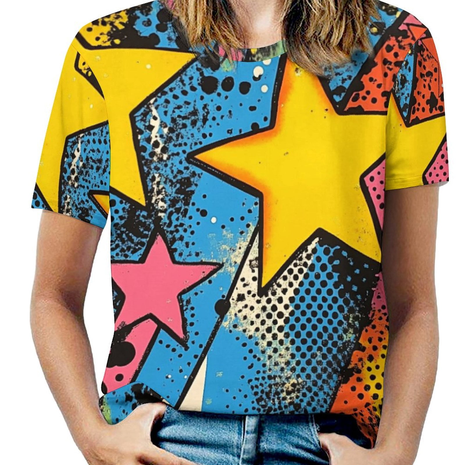 Color Wave Point Geometry Womens Casual Crew Neck Short Sleeve Pleated ...