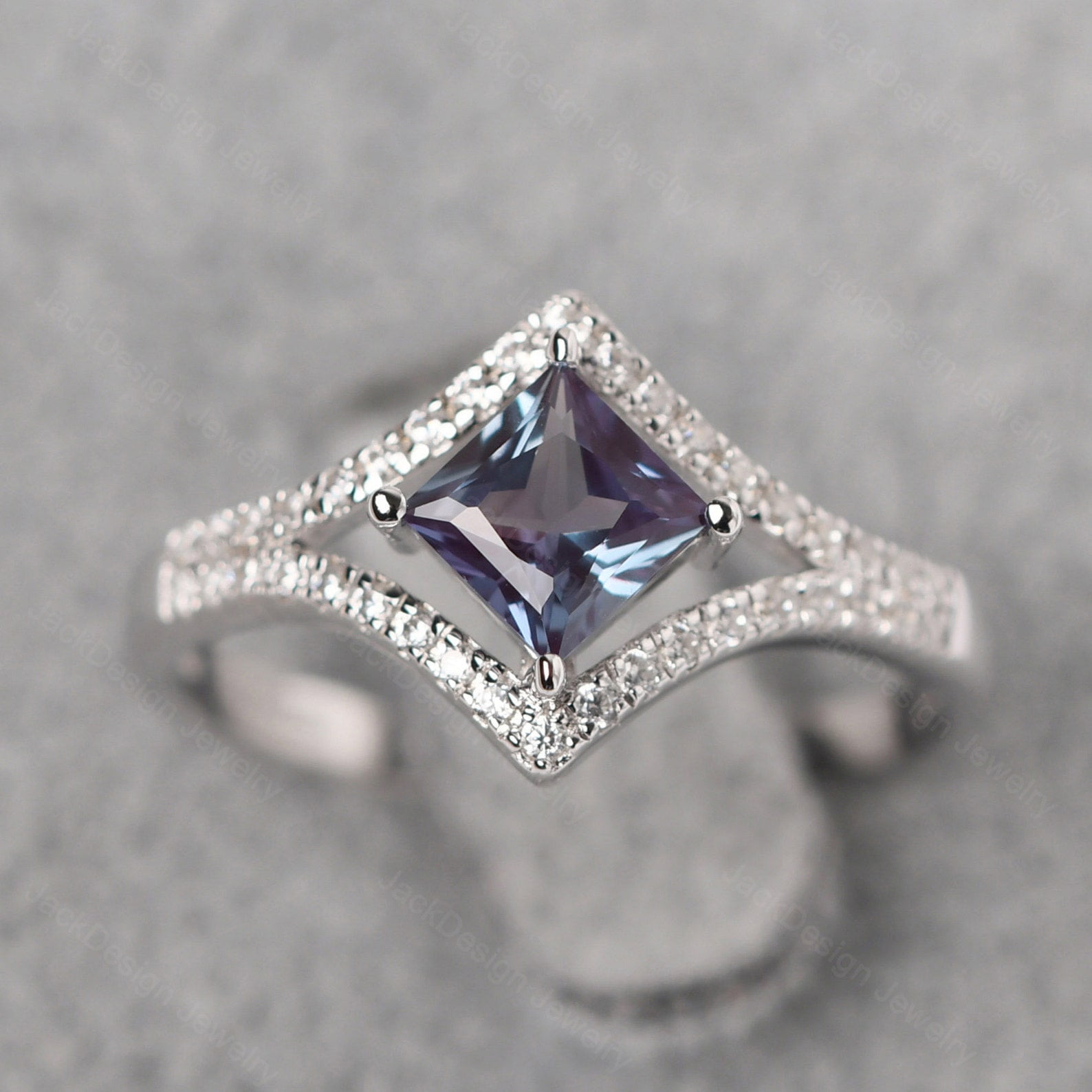 Color changing alexandrite proposal ring silver princess cut kite ...