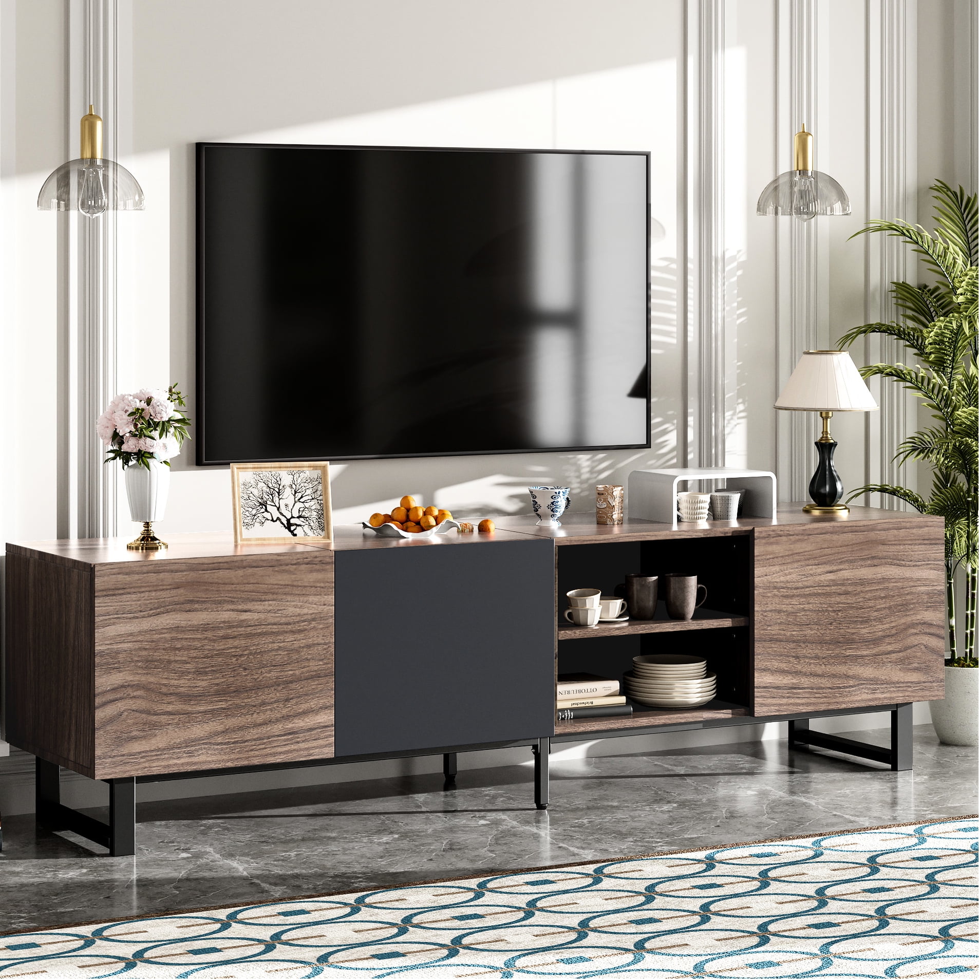 Color-matching Entertainment Center With 3 Cabinets & Open Shelves, Tv ...