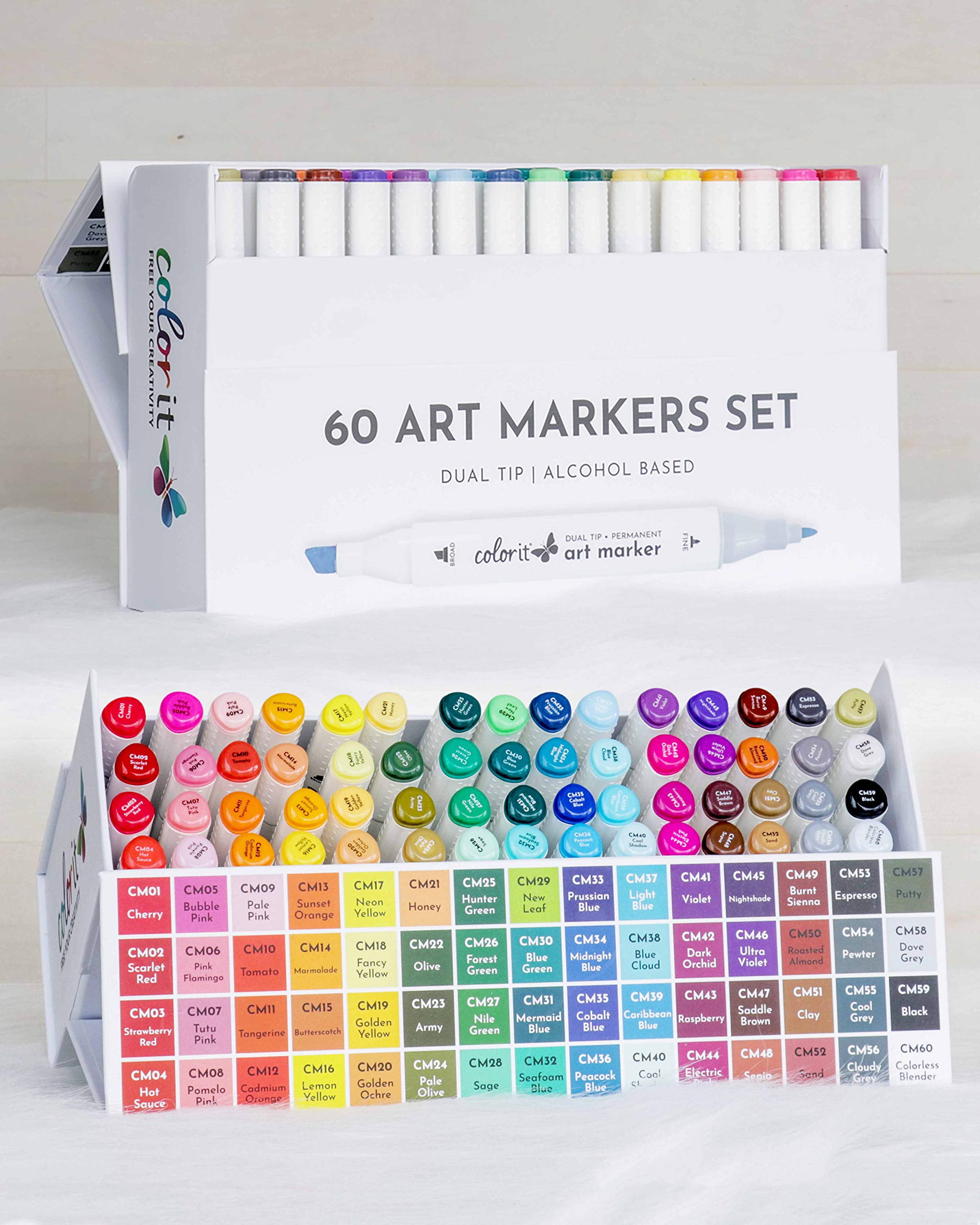 ColorIt 60 Dual Tip Art Markers Set - Double Sided Artist Quality ...