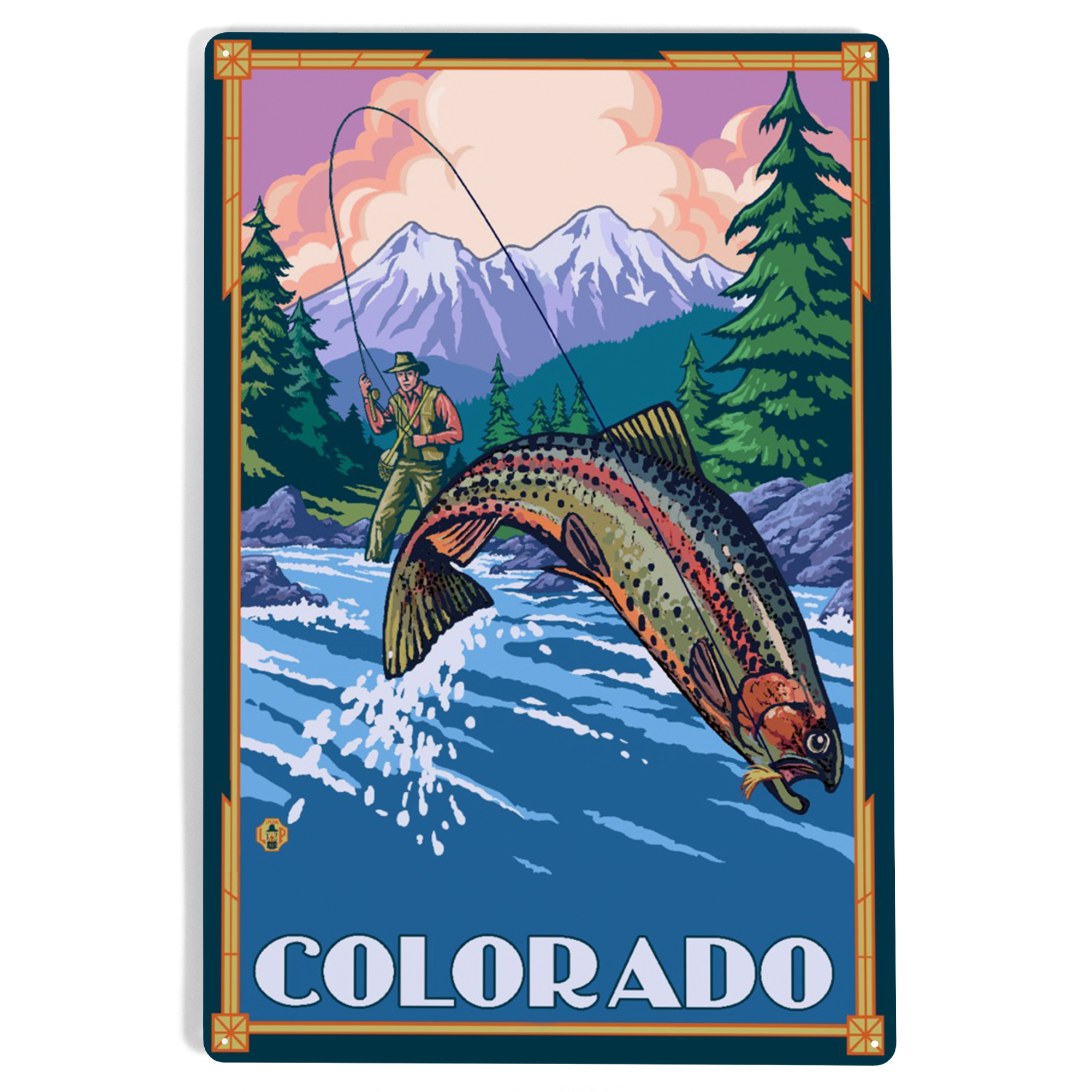 Colorado, Angler Fly Fishing Scene (Leaping Trout) (12x18 Aluminum Art ...