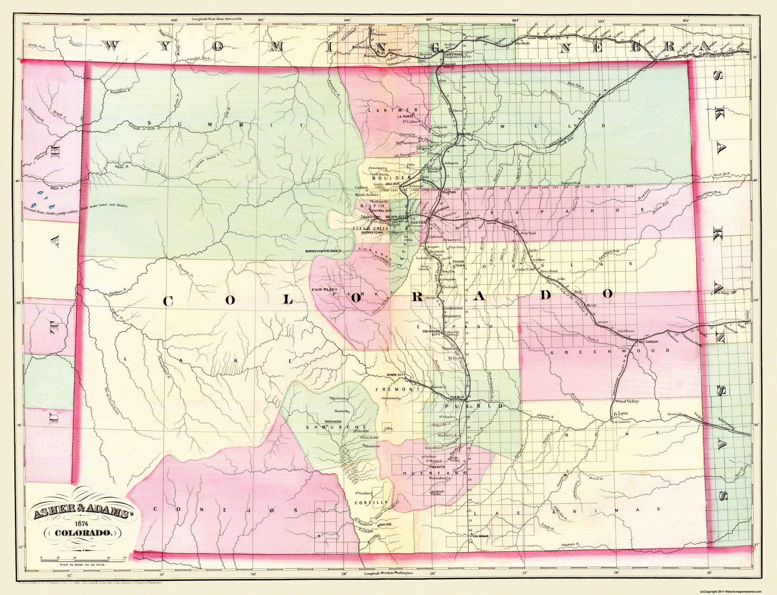 Historic State Map - Colorado - Asher 1874 - 30 x 23 - Vintage Wall Art ...