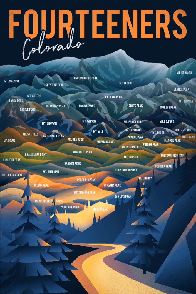 Colorado, Fourteeners, Mountain Range and Names (12x18 Wall Art Poster ...