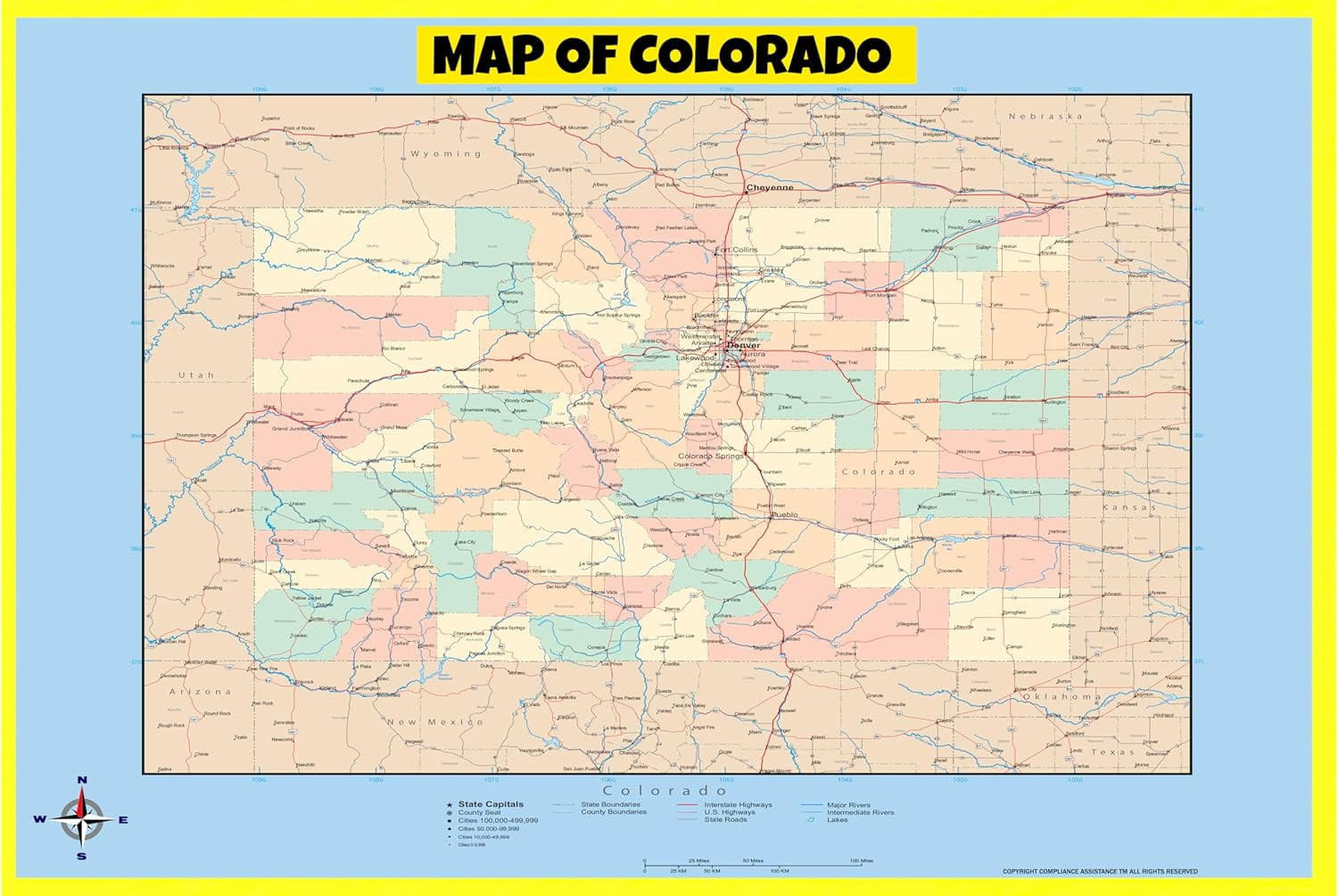 Colorado Map Poster - Laminated Wall Map - Style C - 24x36 - Ideal for Classrooms and Homes ...