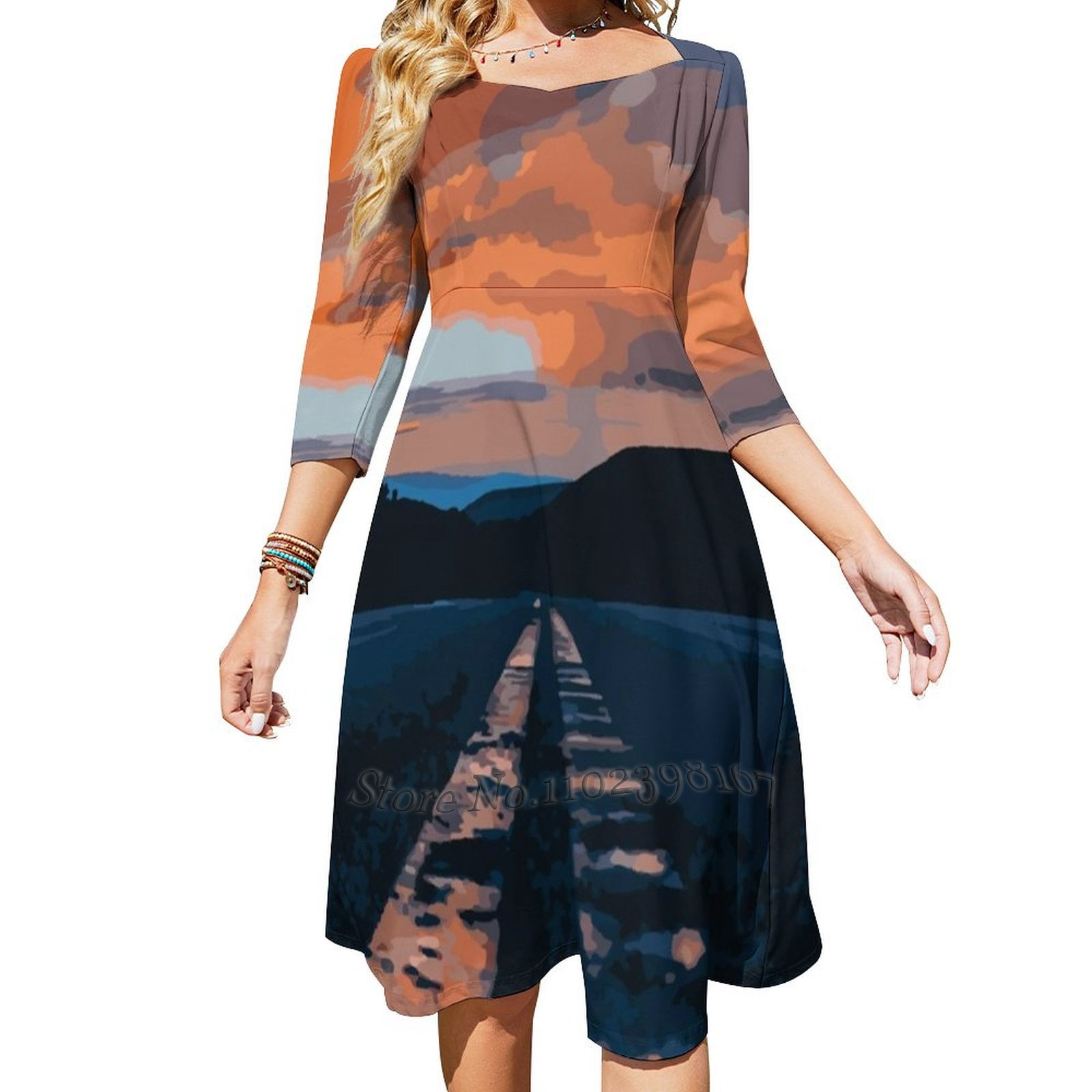 Colorado Mountains Sunset Square Neck Dress Cute Loose Print Dresses Elegant Beach Party Dress ...