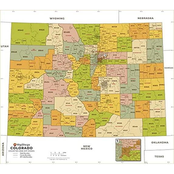 Colorado ZIP Code Map with Counties - Large - 48" x 42.5" Laminated ...
