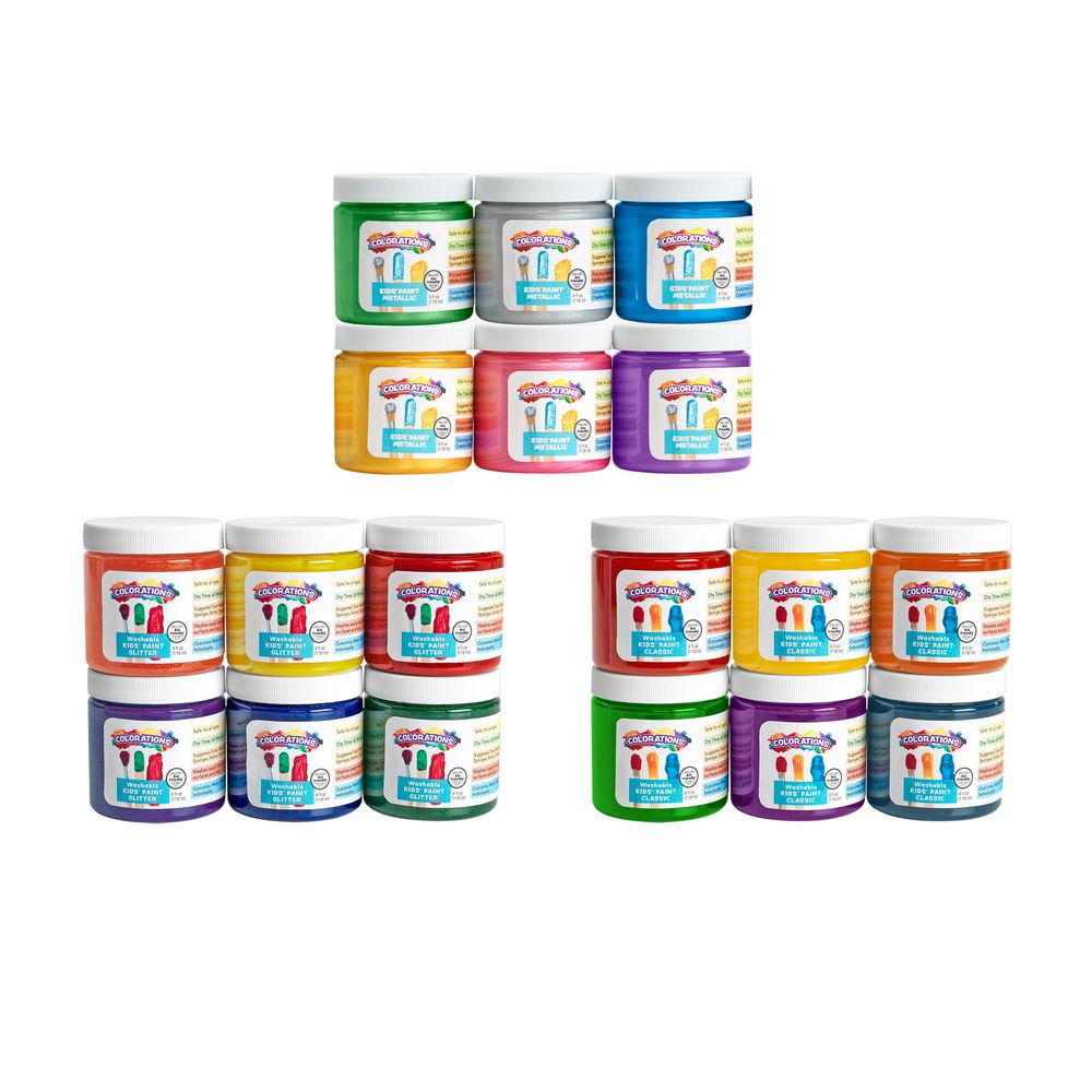 Colorations Kids 4 oz Paint Set - 6 Prime Colors, 6 Glitter Colors, 6 ...