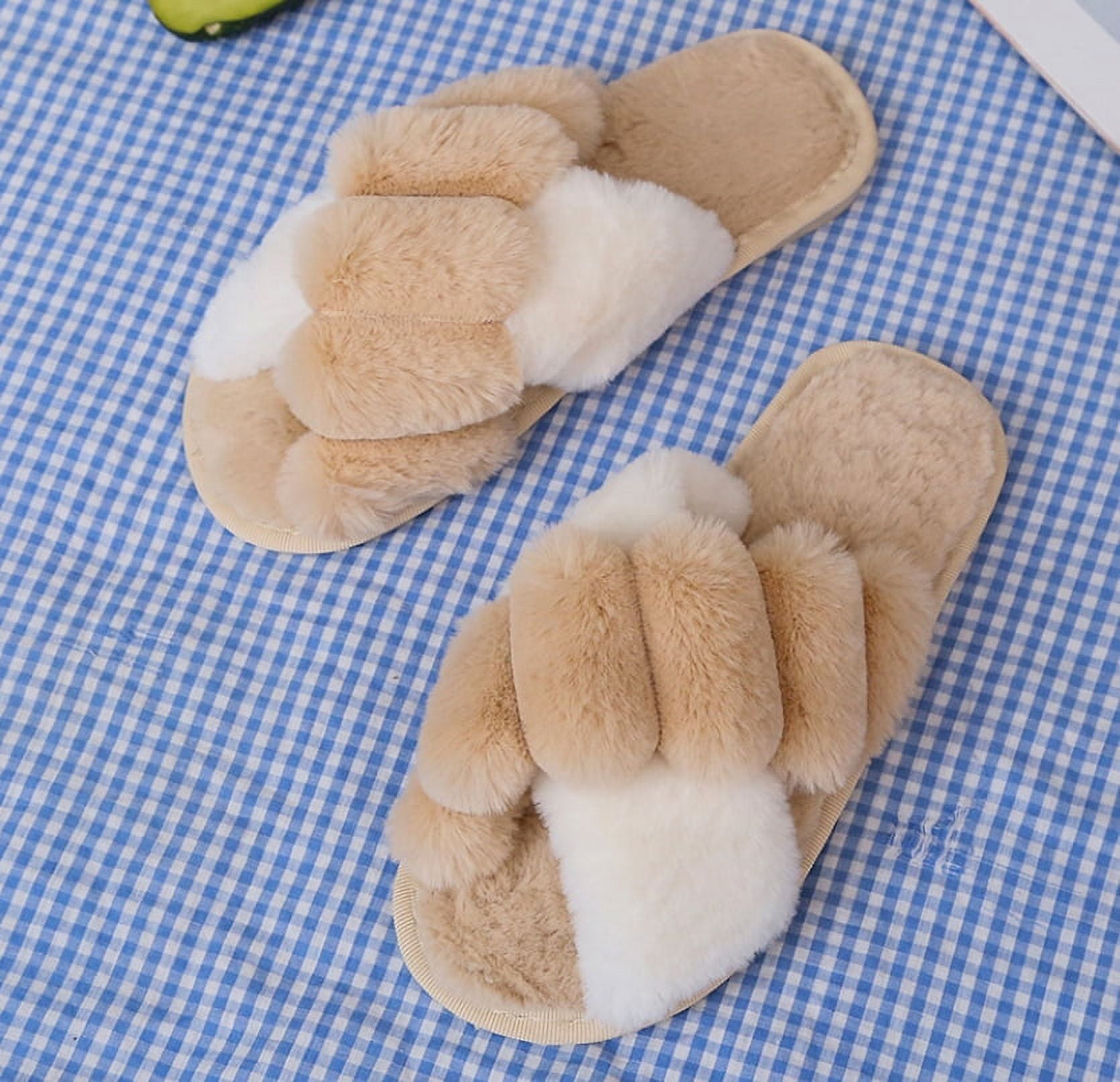 Colorblock Faux Fur Slippers, Colorblock Shoes Women, Indoor Slip On ...