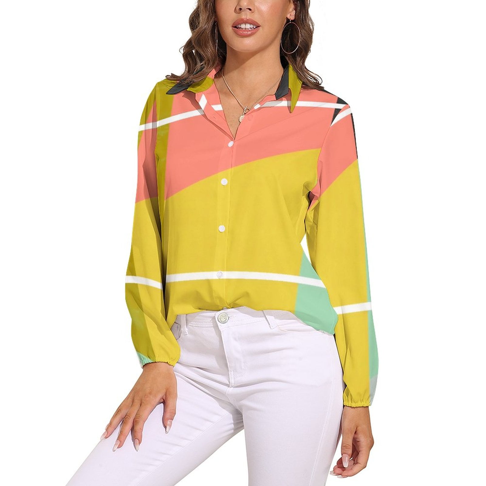 Colorblock Print BlousePinstripe Office Work Custom Blouses Women ...