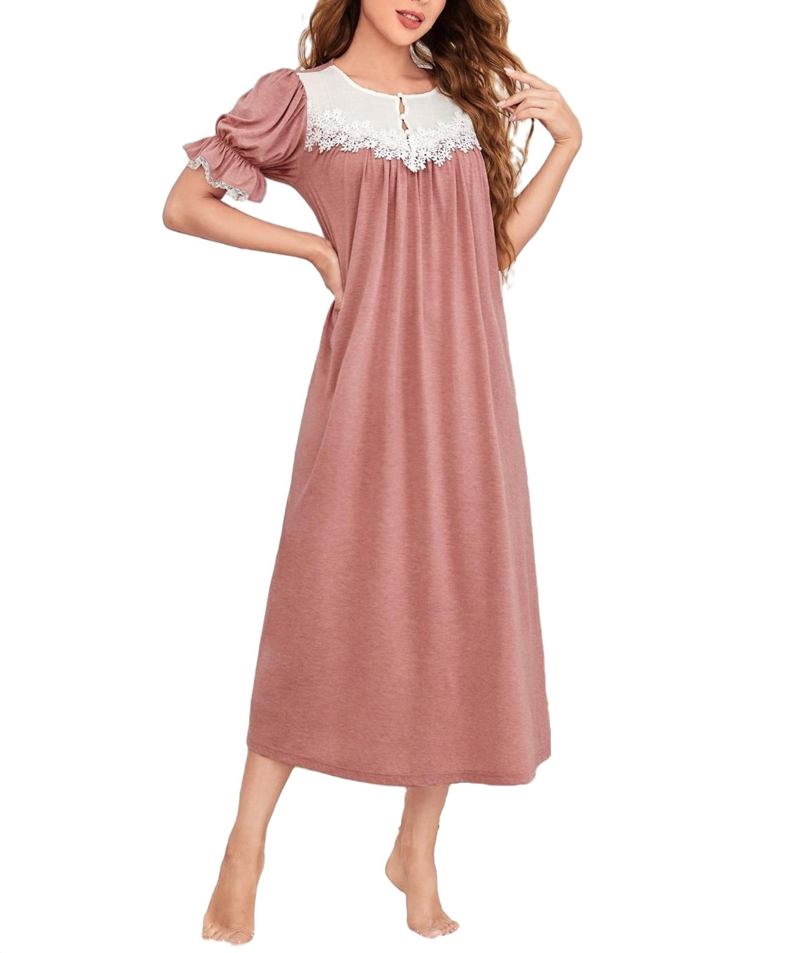 Colorblock Round Neck Nightgowns Short Sleeve Dusty Pink Women Night ...
