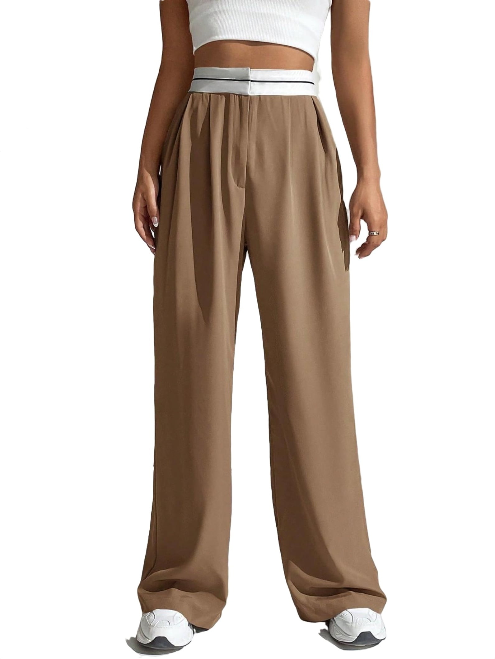 Colorblock Wide Leg Pants Camel Casual Women Pants - Walmart.com