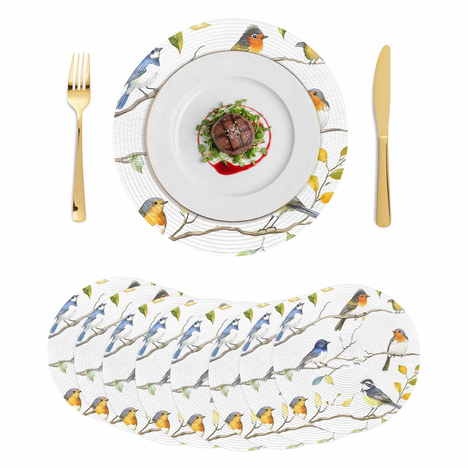 Colored Bird Leaf Round Placemats Set of 8 Spring Tree Branch Plant ...