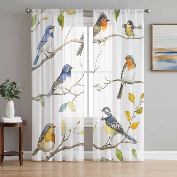 Colored Bird Leaf Sheer Curtains 72 Inch Length 2 Panels Set, Spring ...