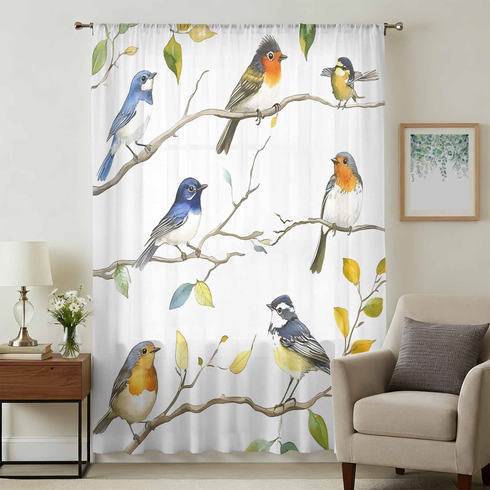 Colored Bird Leaf Sheer Curtains 96 Inches Long, Spring Tree Branch ...