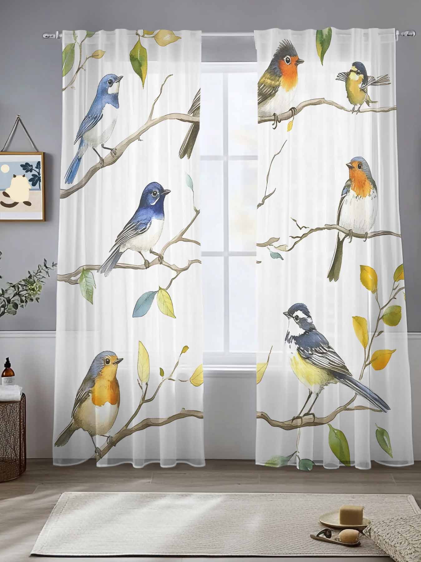 Colored Bird Leaf Sheer Curtains for Living Room Bedroom Spring Tree ...