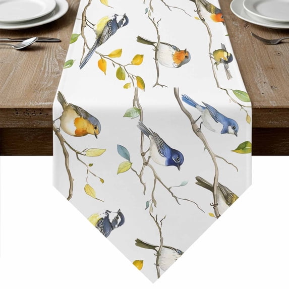 Colored Bird Leaf Table Runner Linen Burlap Table Runner 90 Inches Long ...