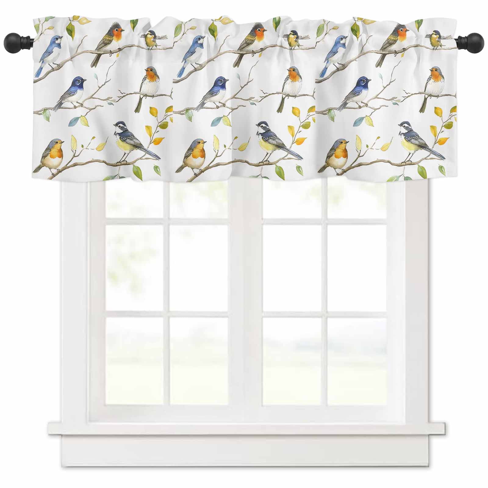 Colored Bird Leaf Valances for Windows Farmhouse Kitchen Curtains ...