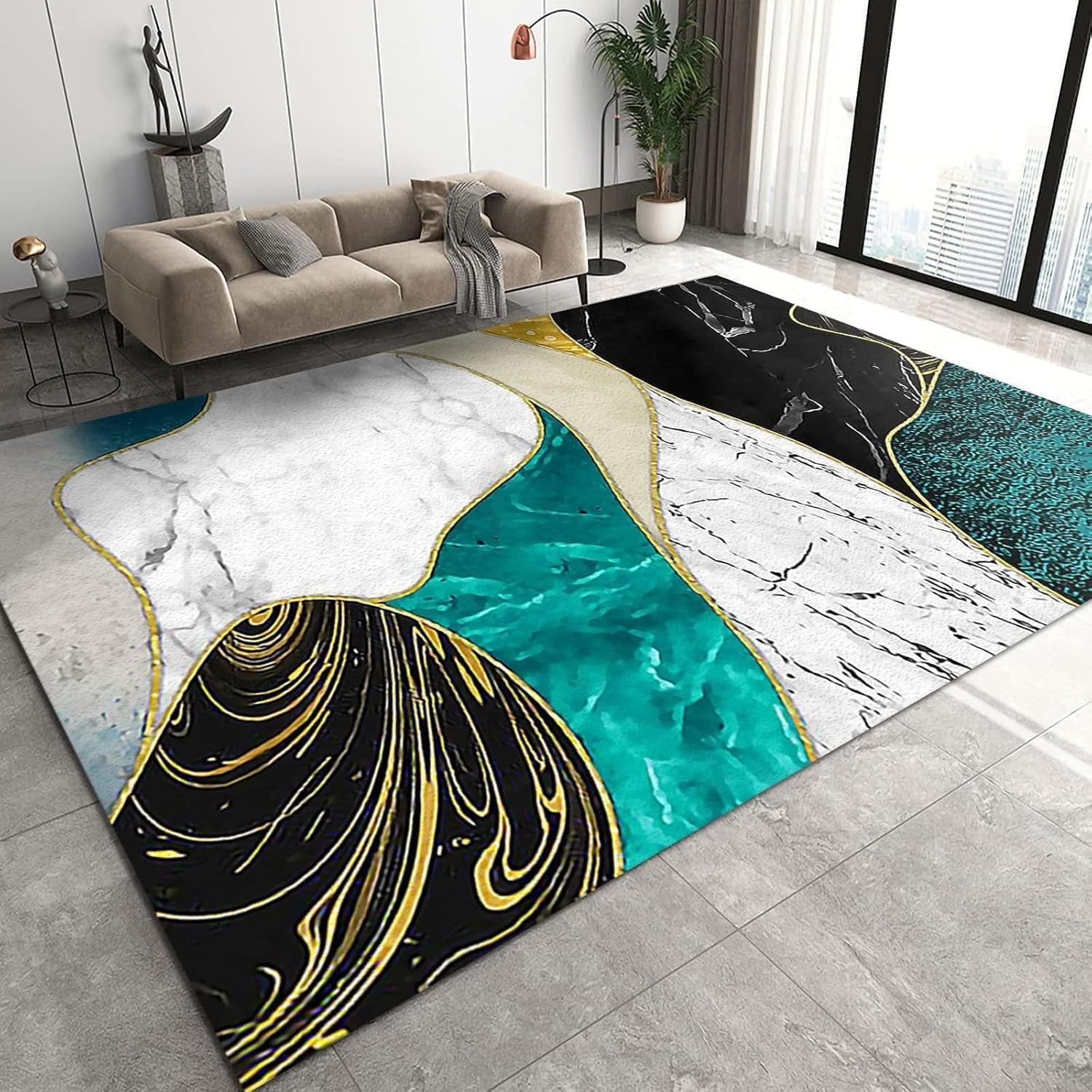 Colored Black And Gold Marble Area Rug, Nordic Turquoise Golden Line ...