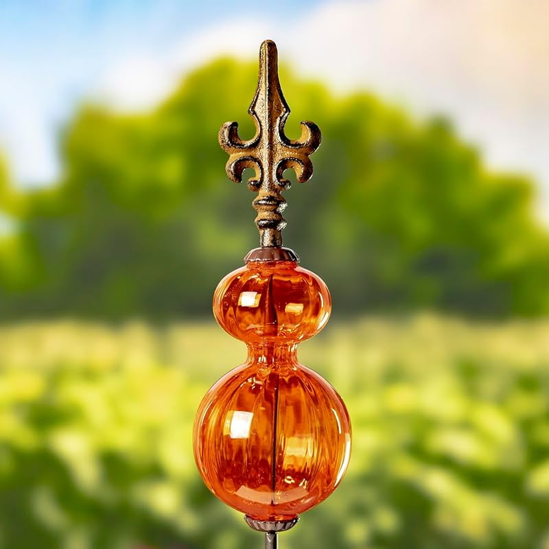 Colored Blown Glass Garden Stake with Cast Iron Finial on Top (Pack of ...