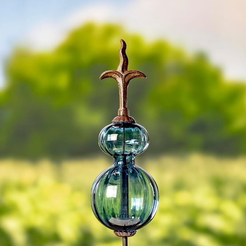 Colored Blown Glass Garden Stake with Cast Iron Finial on Top (Pack of ...