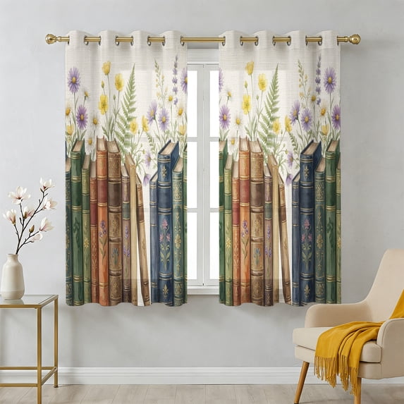 Colored Books Sheer Curtains 45 Inch Long 2 Panels, Vintage Floral Book ...