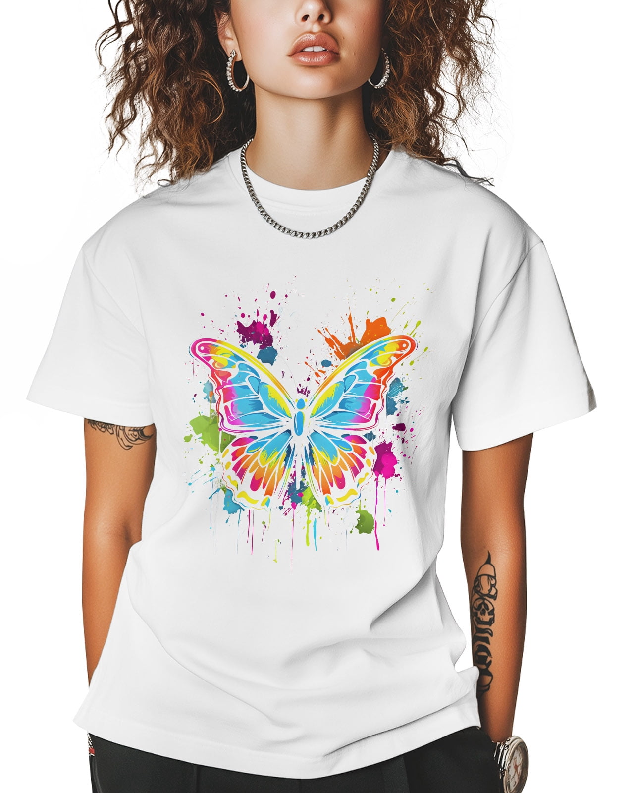 Colored Butterfly T Shirts for Women Short Sleeve Cotton Crewneck T ...