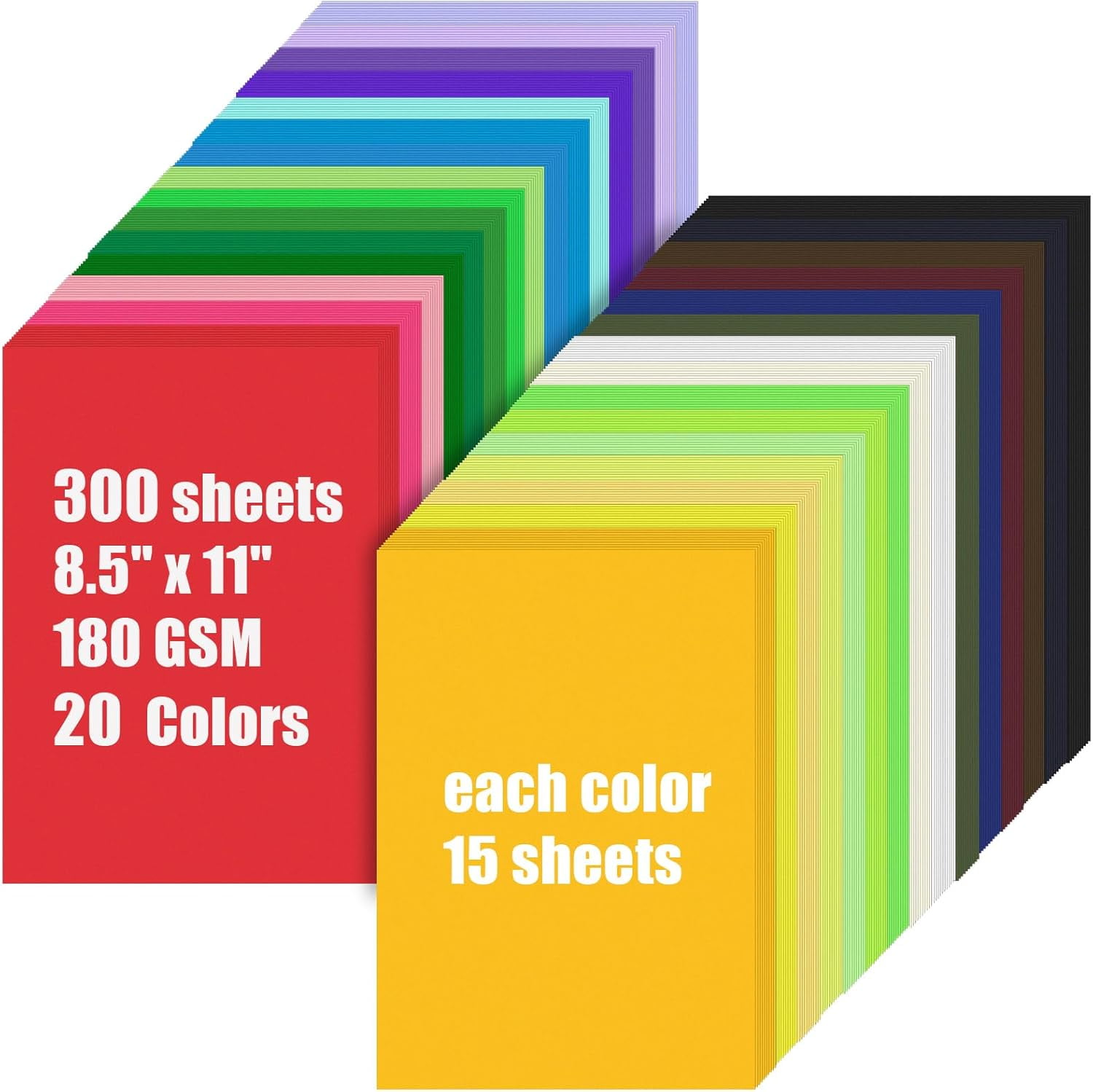 Colored Cardstock Bulk 300 sheets, 8.5” x 11” Cardstock Paper Set, 20 ...