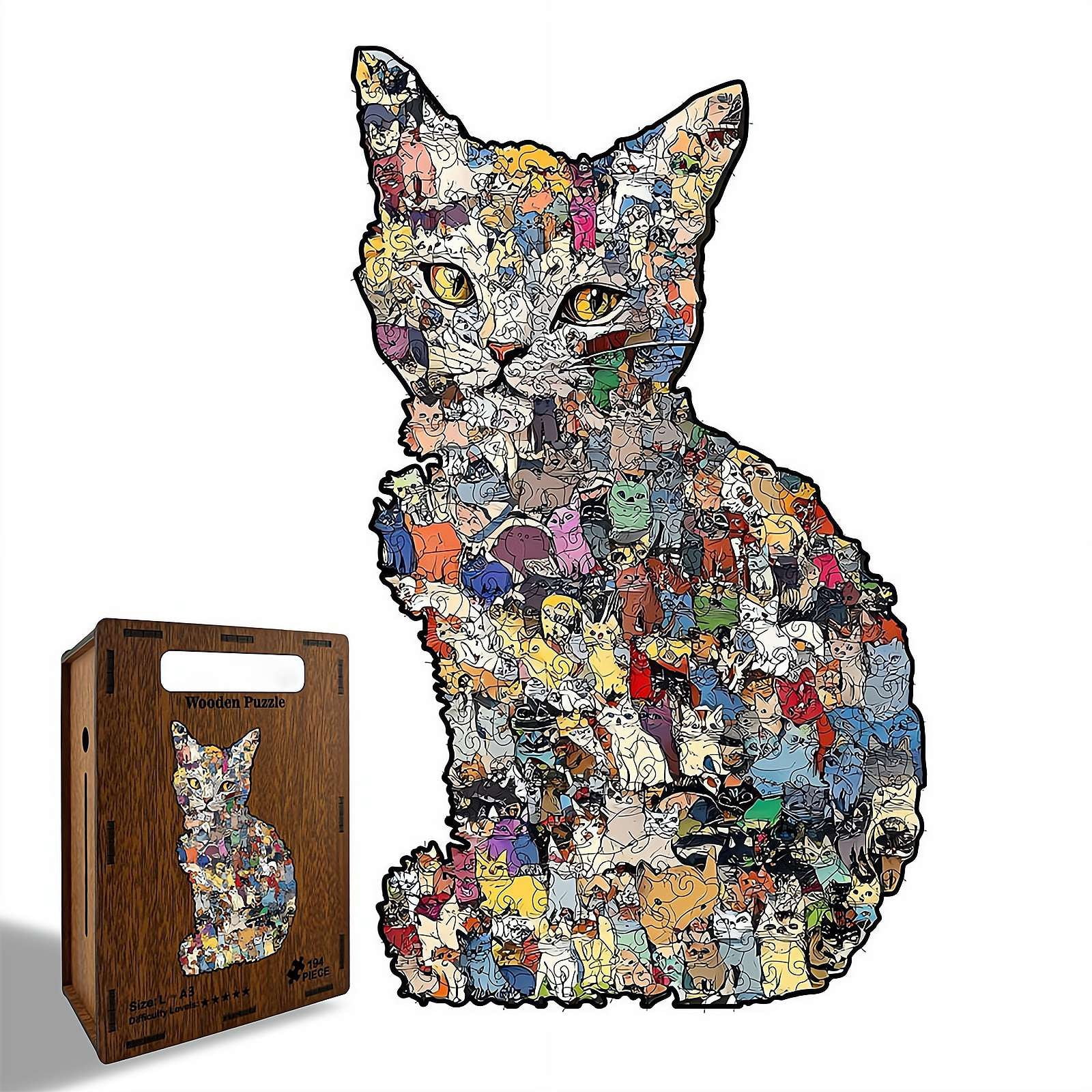 Colored Cat Shaped Wooden Jigsaw Puzzle for Adults, 2-in-1 Cat Puzzle ...