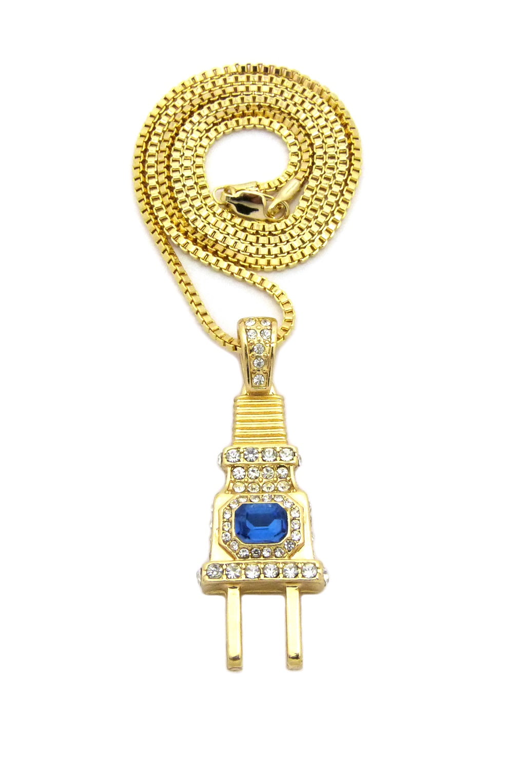 Colored Center Gemstone Power Plug Pendant with Chain Necklace - Blue ...