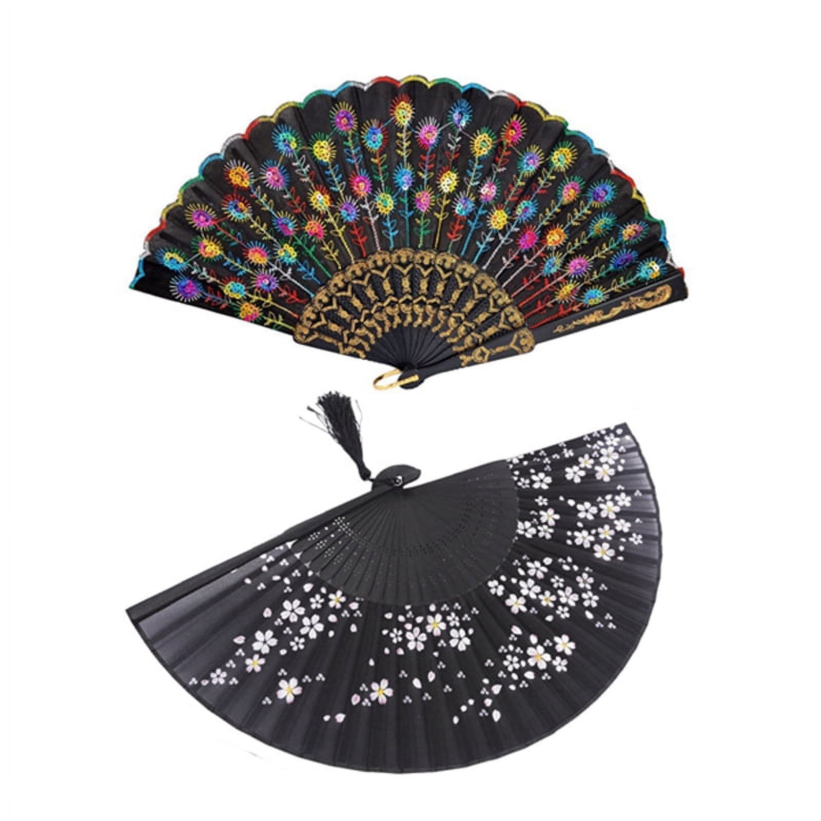 Colored Embroidered Flower Pattern Black Cloth Folding Hand Fan for ...
