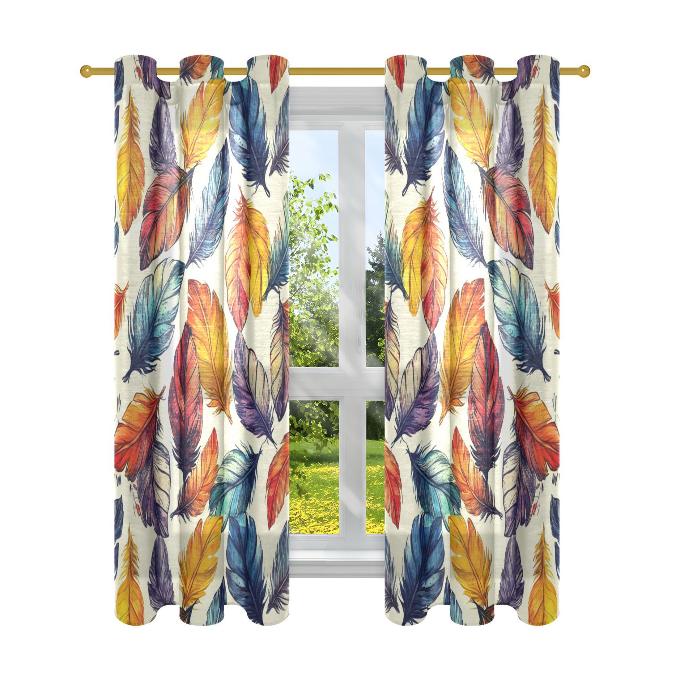 Colored Feathers Semi Sheer Curtains for Living Room Bedroom Set of 2 ...