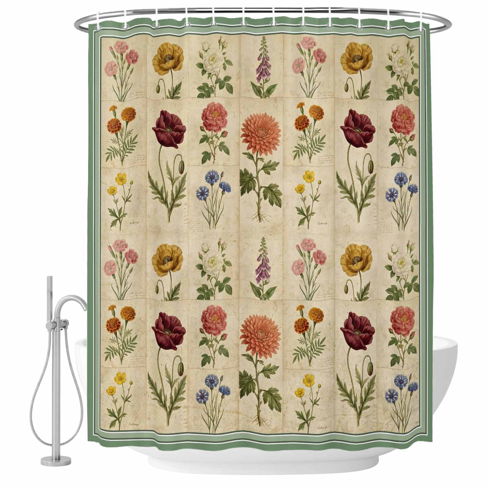 Colored Floral Shower Curtain Set with Hooks, Retro Colorful Flowers ...