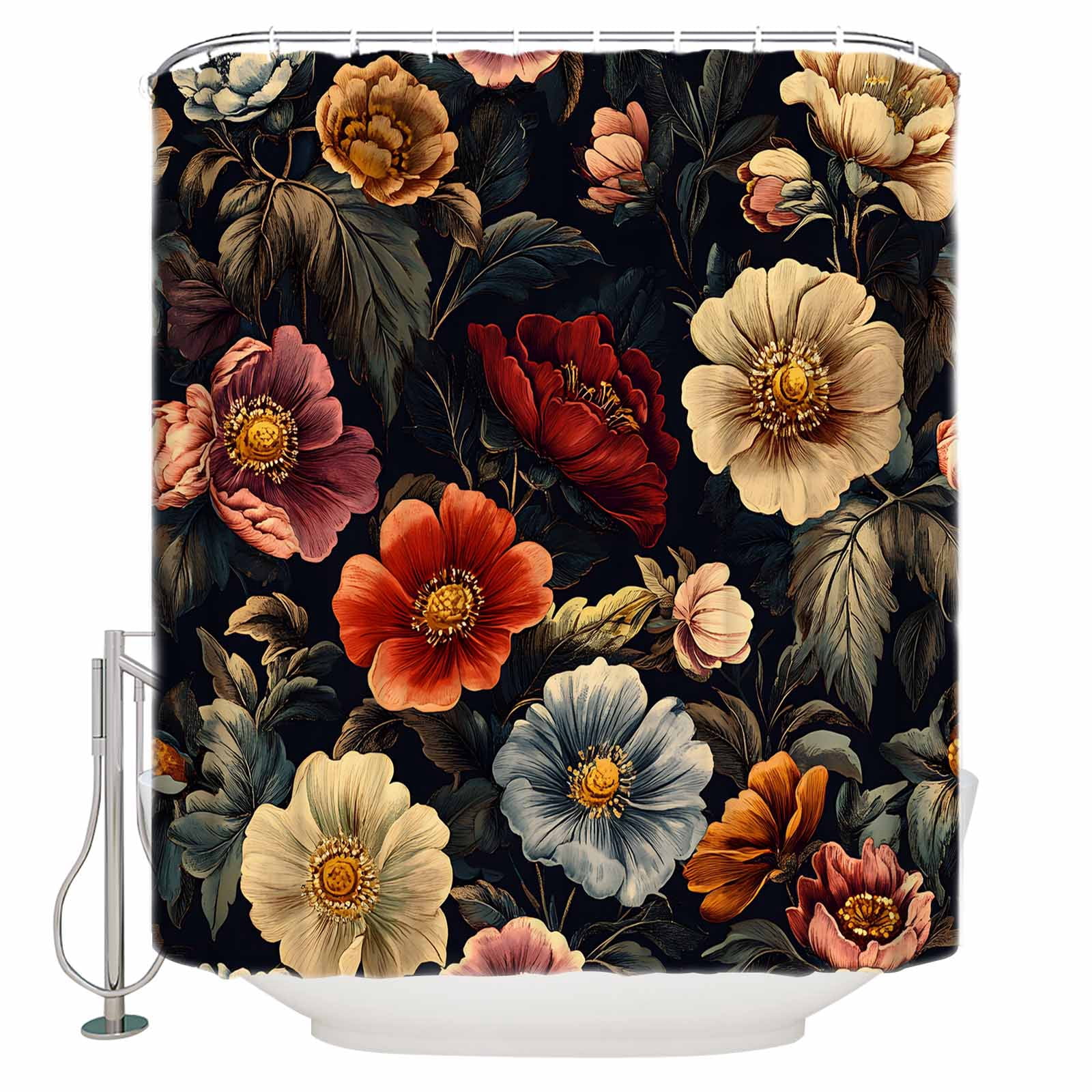 Colored Flower Bathroom Shower Curtains with 12 Hooks Polyester ...