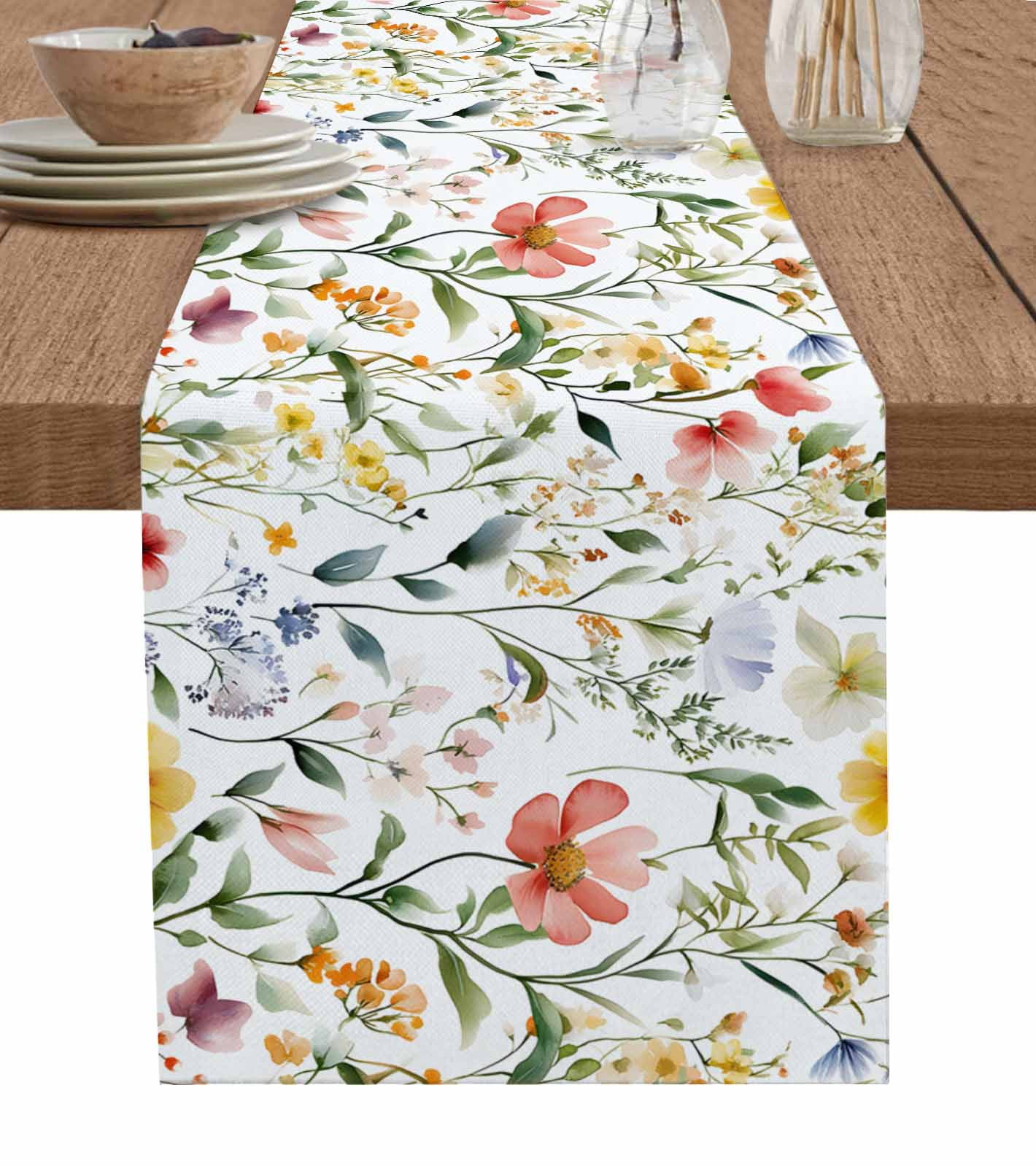 Colored Flower Burlap Cotton Table Runner 16x72 Inches Long, Green Leaf ...