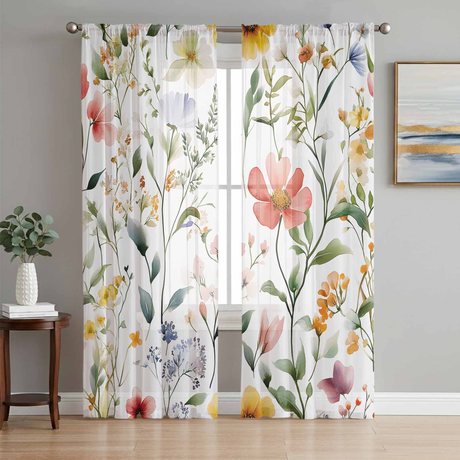 Colored Flower Semi Sheer Curtains 96 Inch Length 2 Panels Set, Green ...
