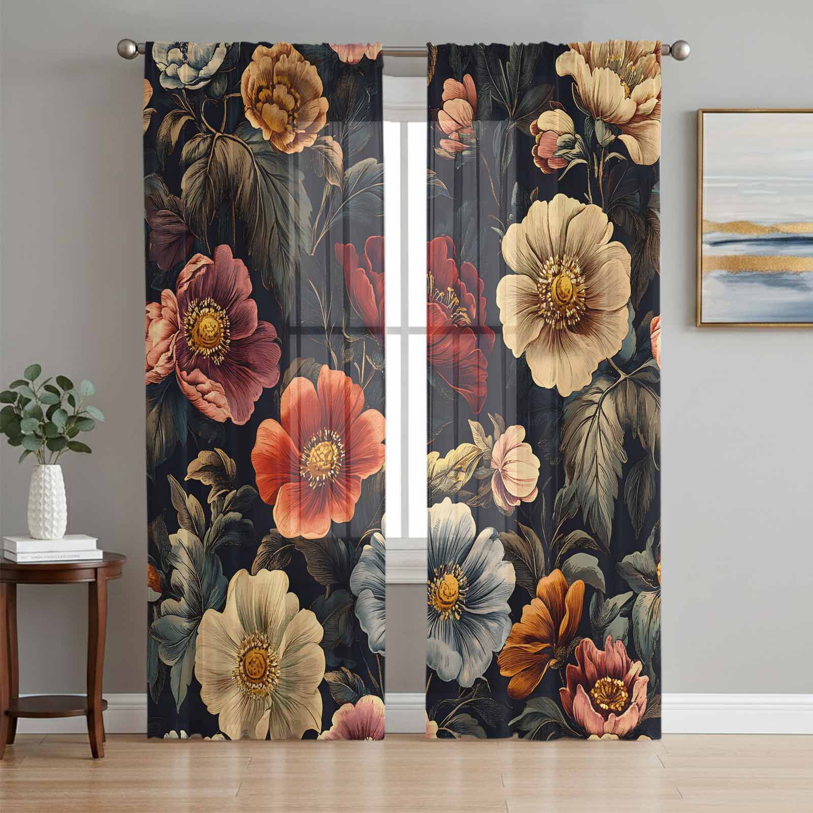 Colored Flower Sheer Curtains 63 Inch Length 2 Panels Set, Retro ...