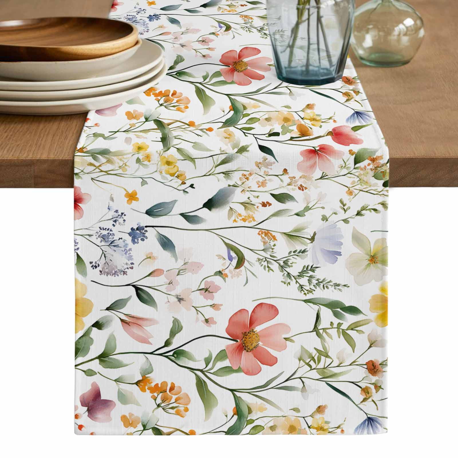 Colored Flower Table Runner, Green Leaf Aesthetics Pastel Spring Plant ...