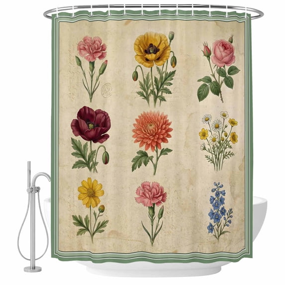Colored Flowers Shower Curtain Set with Hooks, Retro Pink Yellow Blue ...