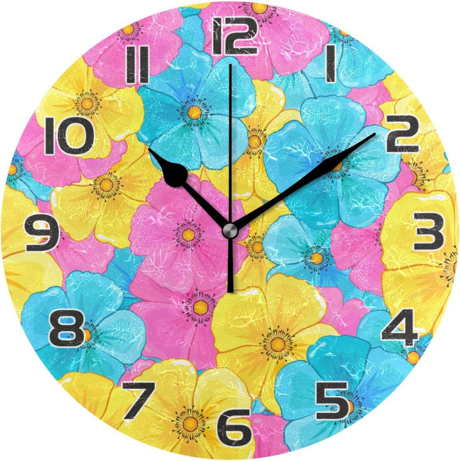 Colored Flowers Wall Clock Round Vintage Silent Non Ticking Battery ...