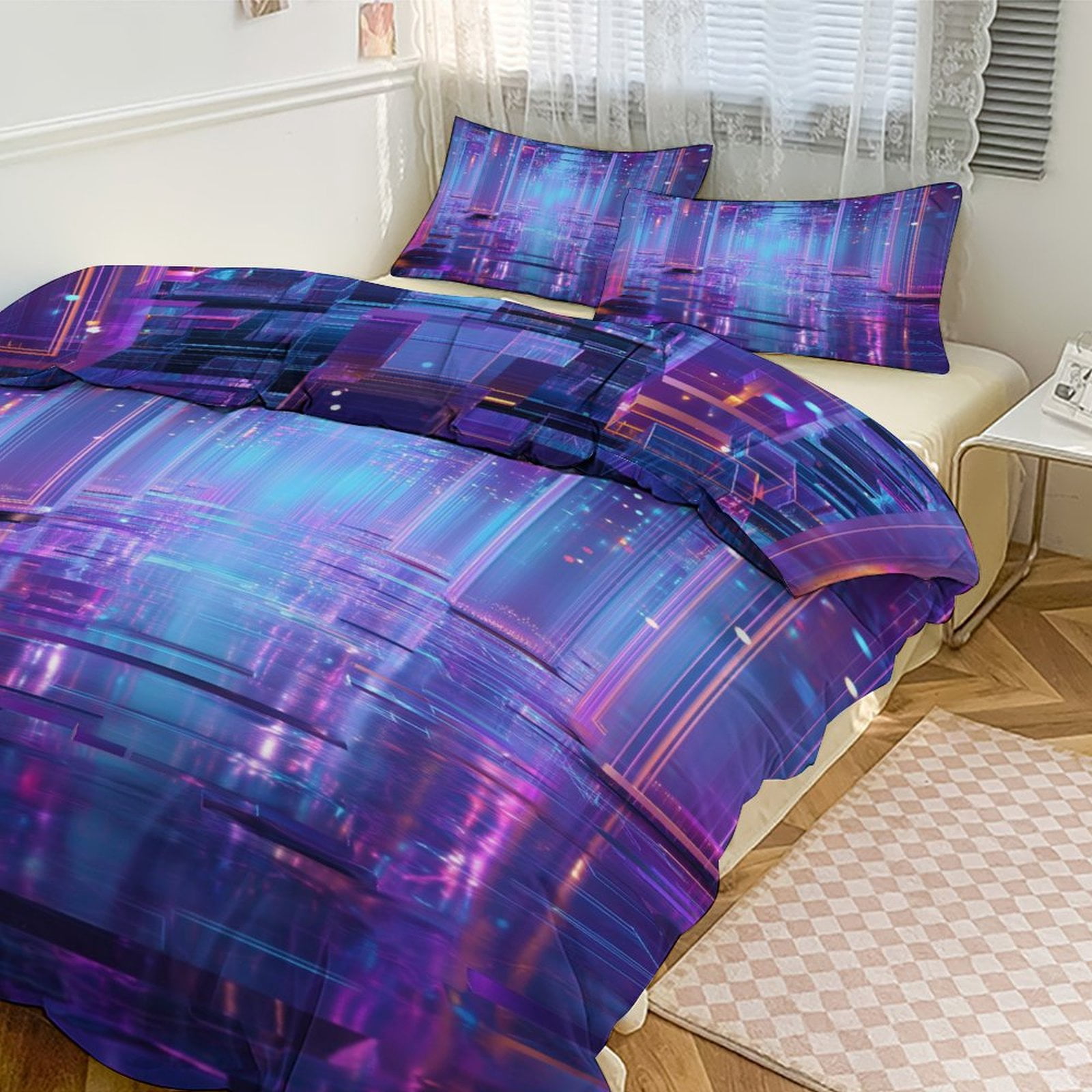 Colored Grid Geometry Bedding Sets Twin Duvet Cover 3 Piece Cute Bed ...