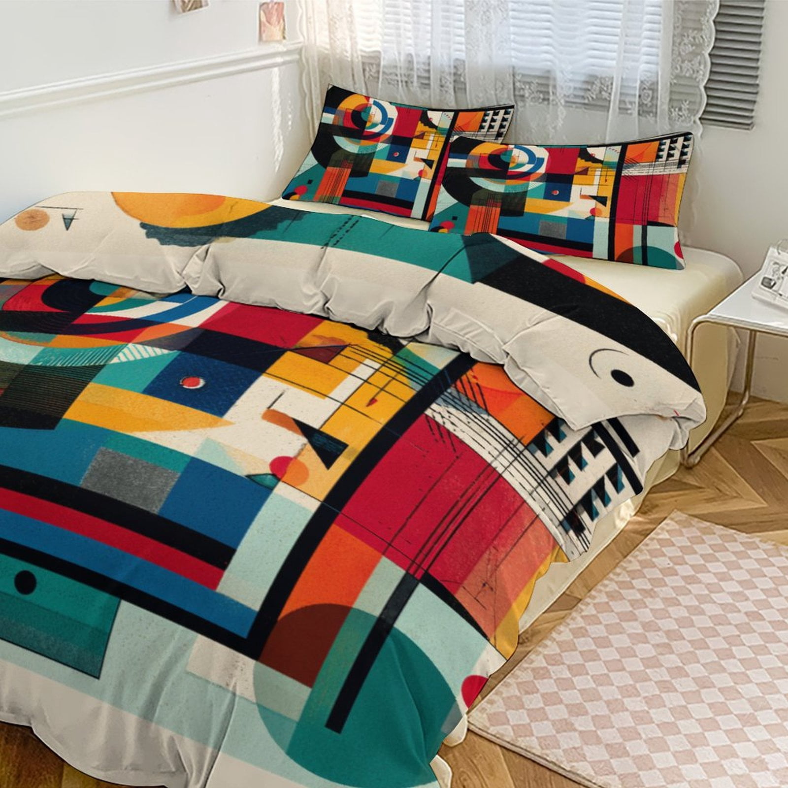 Colored Grid Geometry Bedding Sets Twin Duvet Cover 3 Piece Cute Bed ...