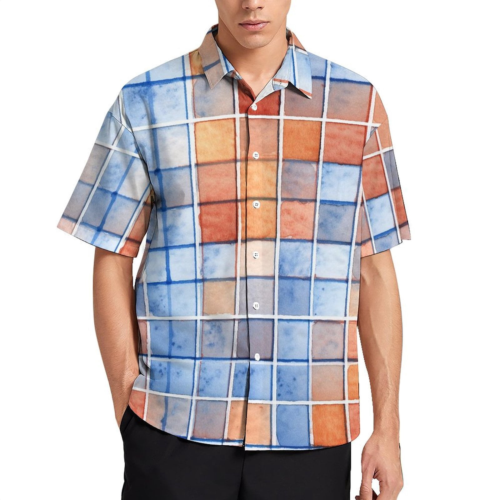 Colored Grid Geometry Men's Shirt Short Sleeves Printed Button Down ...